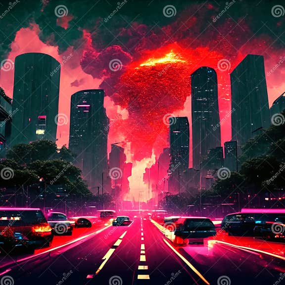 Image of Explosion and Fire Over Cityscape at Night. Disaster, Danger ...