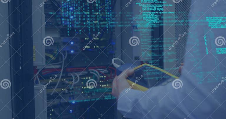 Image of Eye Over Hands of Caucasisn Man Checking Servers and Data ...