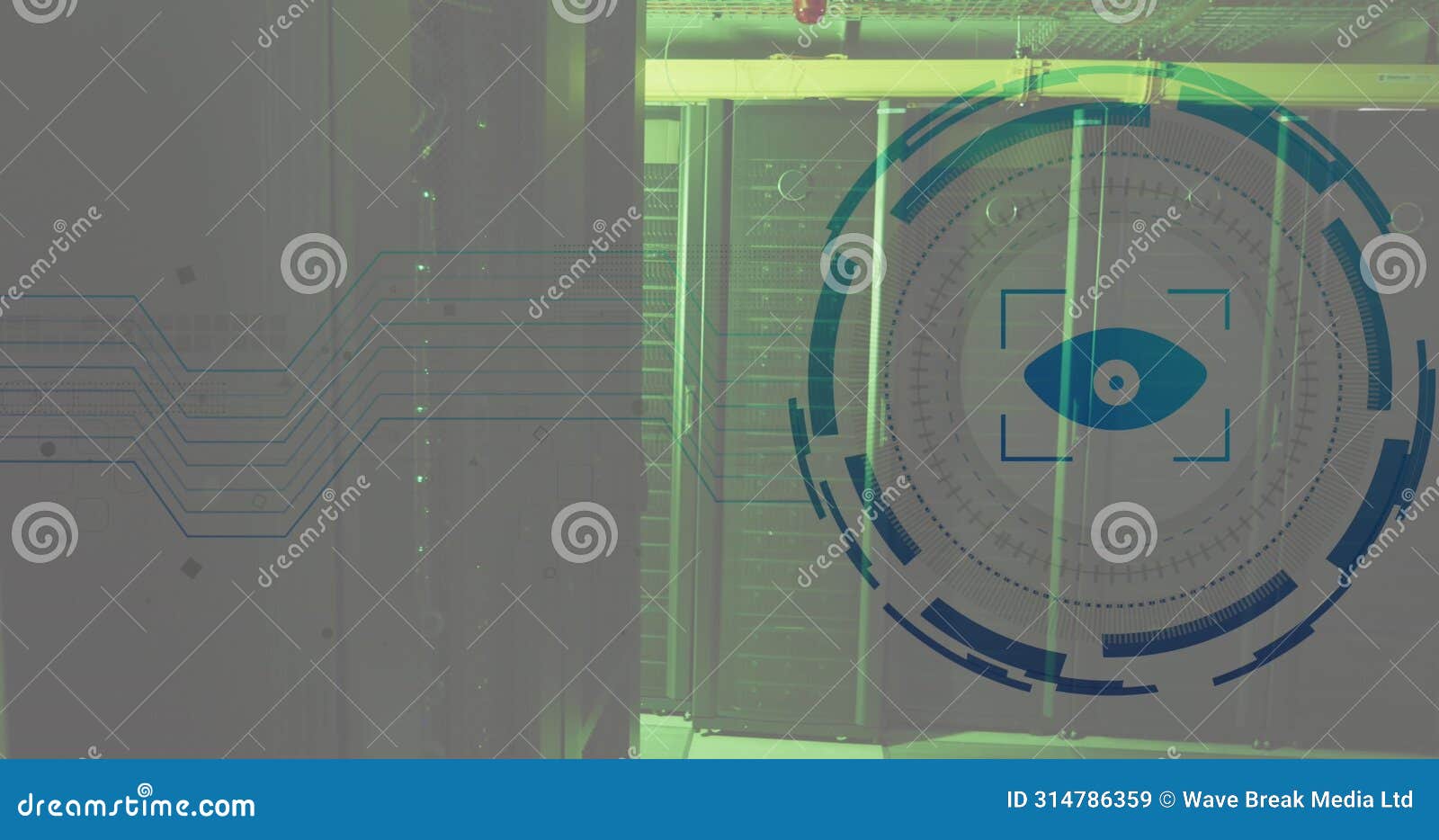 Image of Eye in Viewfinder with Loading Circles Over Illuminated Server ...