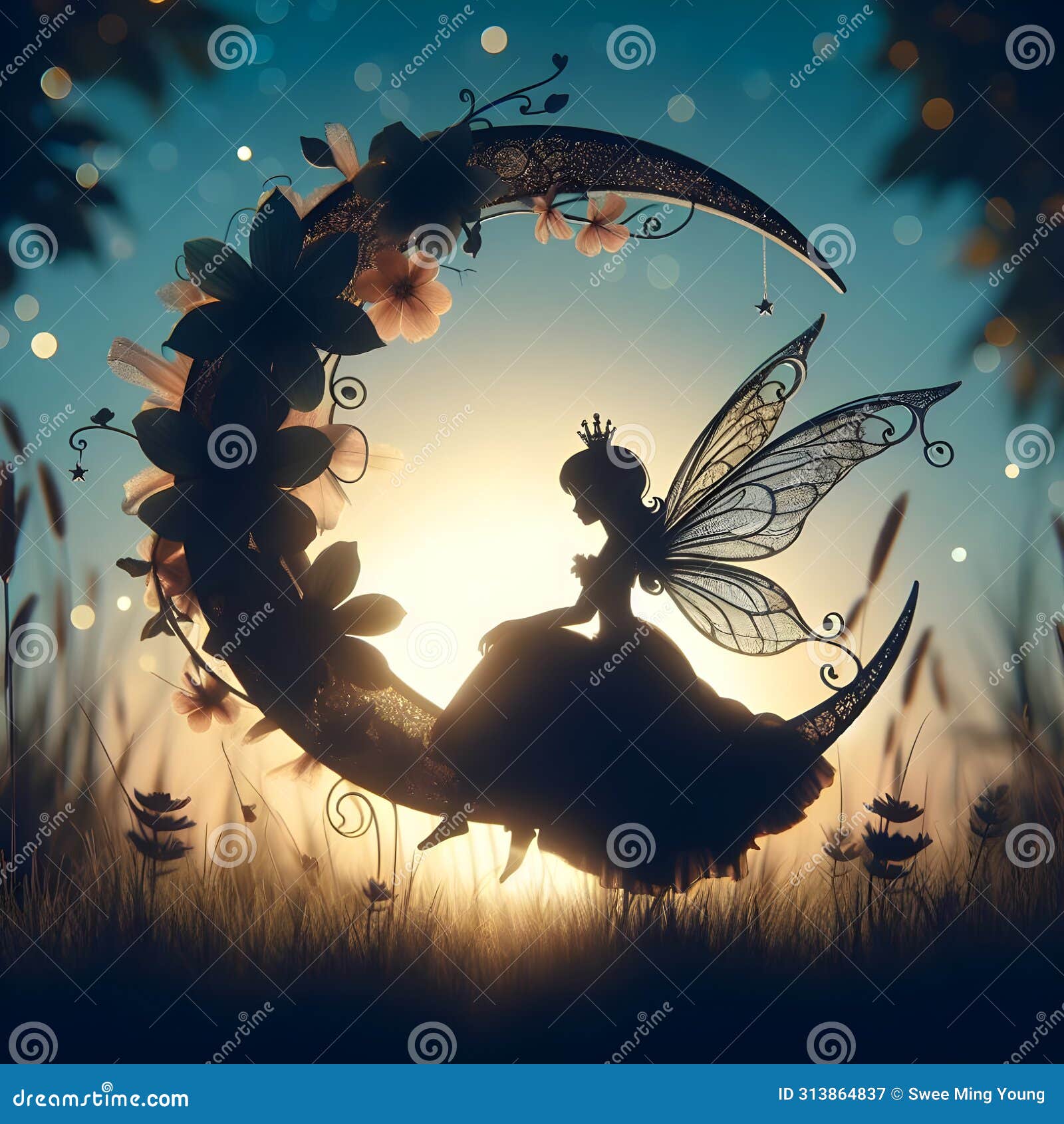 Image of Fairy Flower Sitting on a Crescent Moon, Magical Flower ...