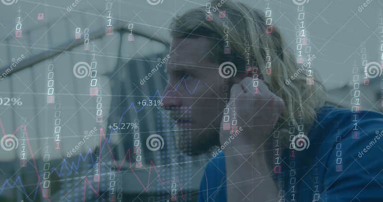 Image of Falling Binary Codes, Graphs, Changing Numbers, Caucasian Man Adjusting Headphones ...