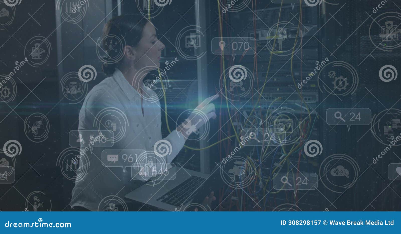 Image of Falling Icons Over Caucasian Female Server Room Worker Stock ...