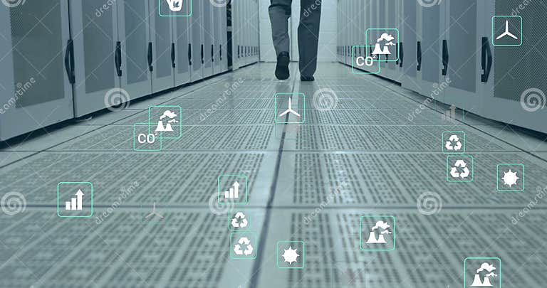 Image of Falling Icons Over Server Room Stock Photo - Image of network ...