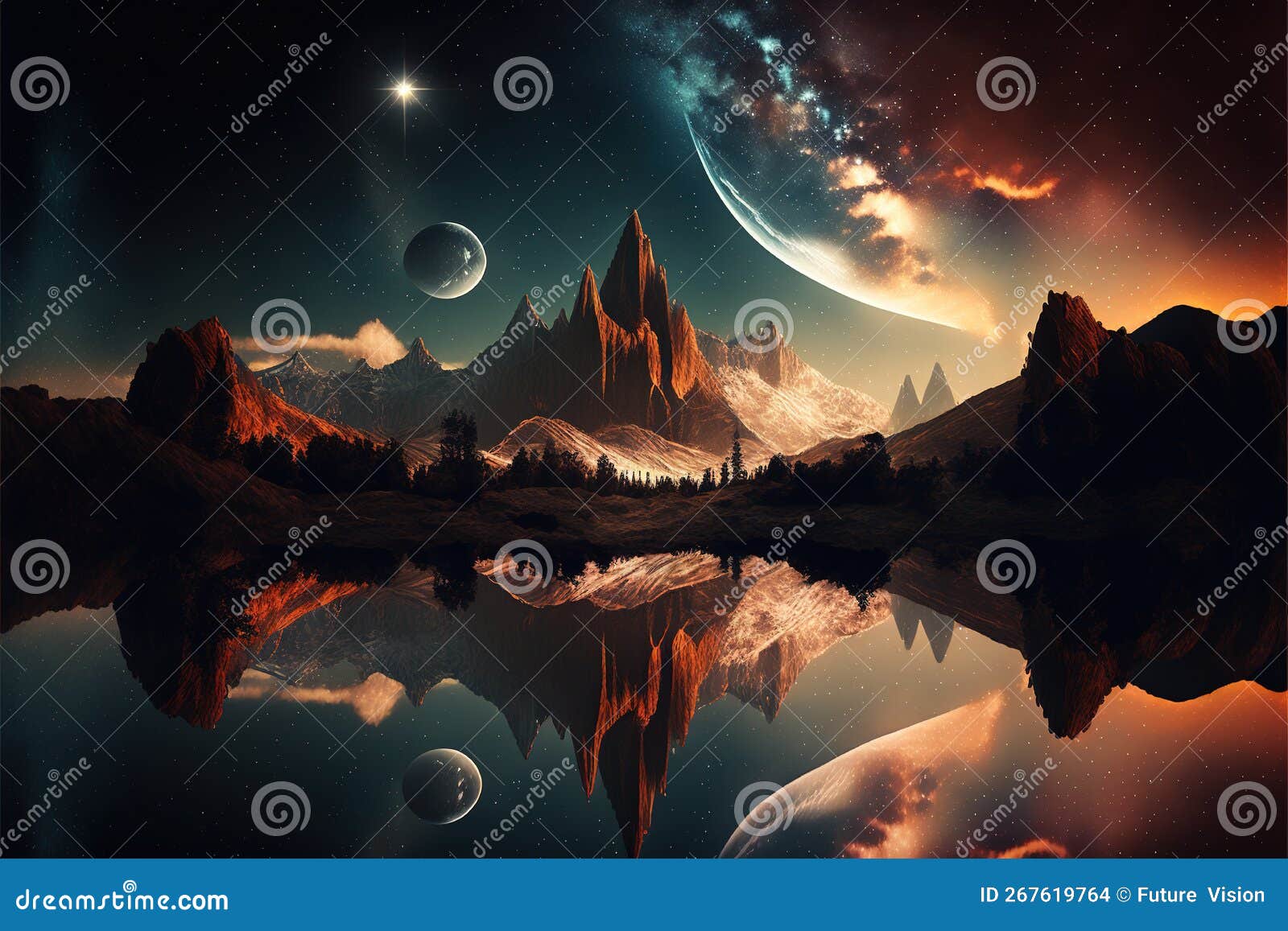 Image of Fantasy Landscape with Space and Planets, Created Using ...