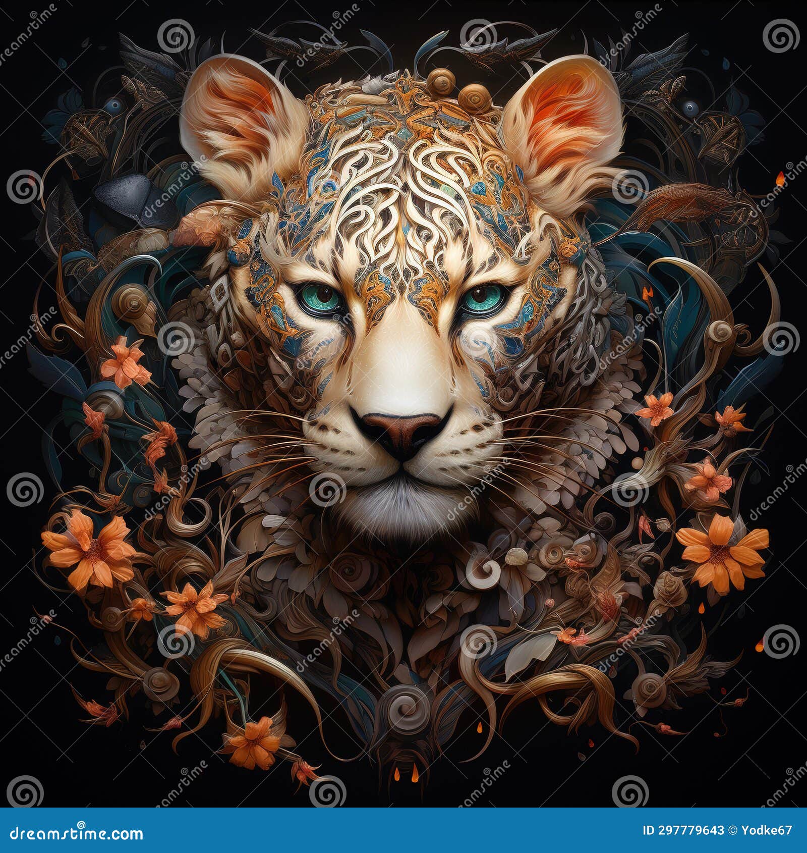 Image of Fantasy of Leopard Head Surrounded by Various Patterns ...