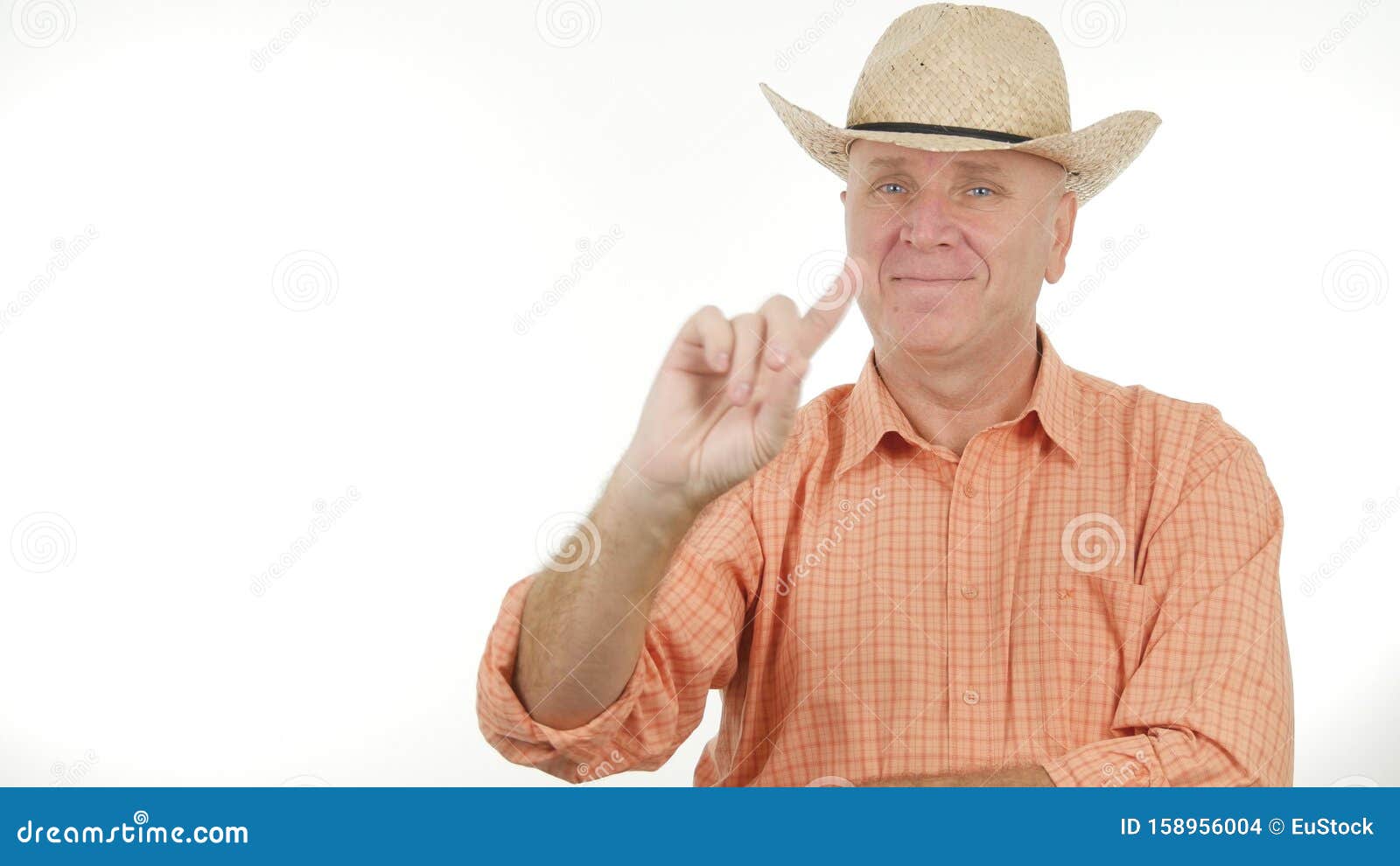 Image with Farmer Smiling and Making No Finger Sign Stock Photo - Image ...