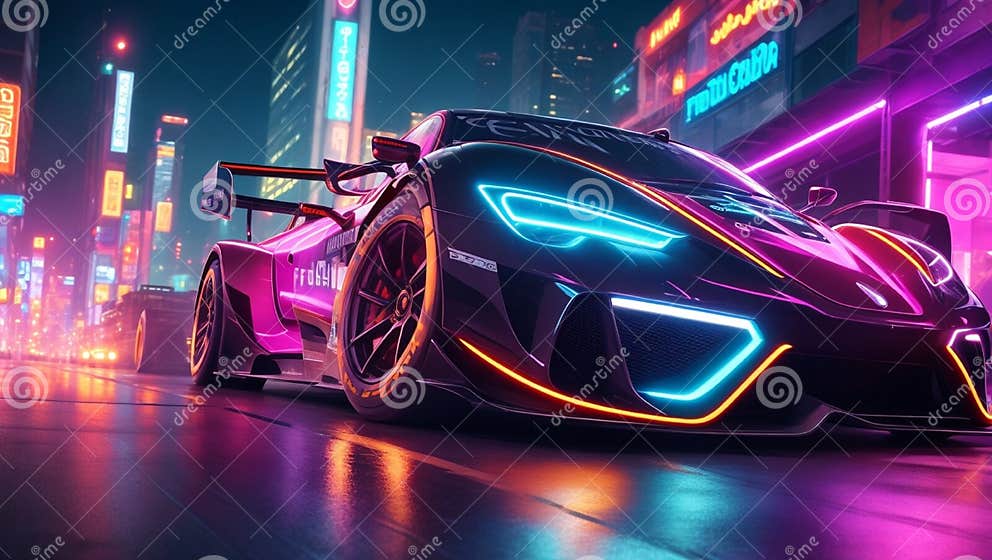 An Image of a Fast-paced, High-tech Racing Car. the Neon Lights. Stock ...