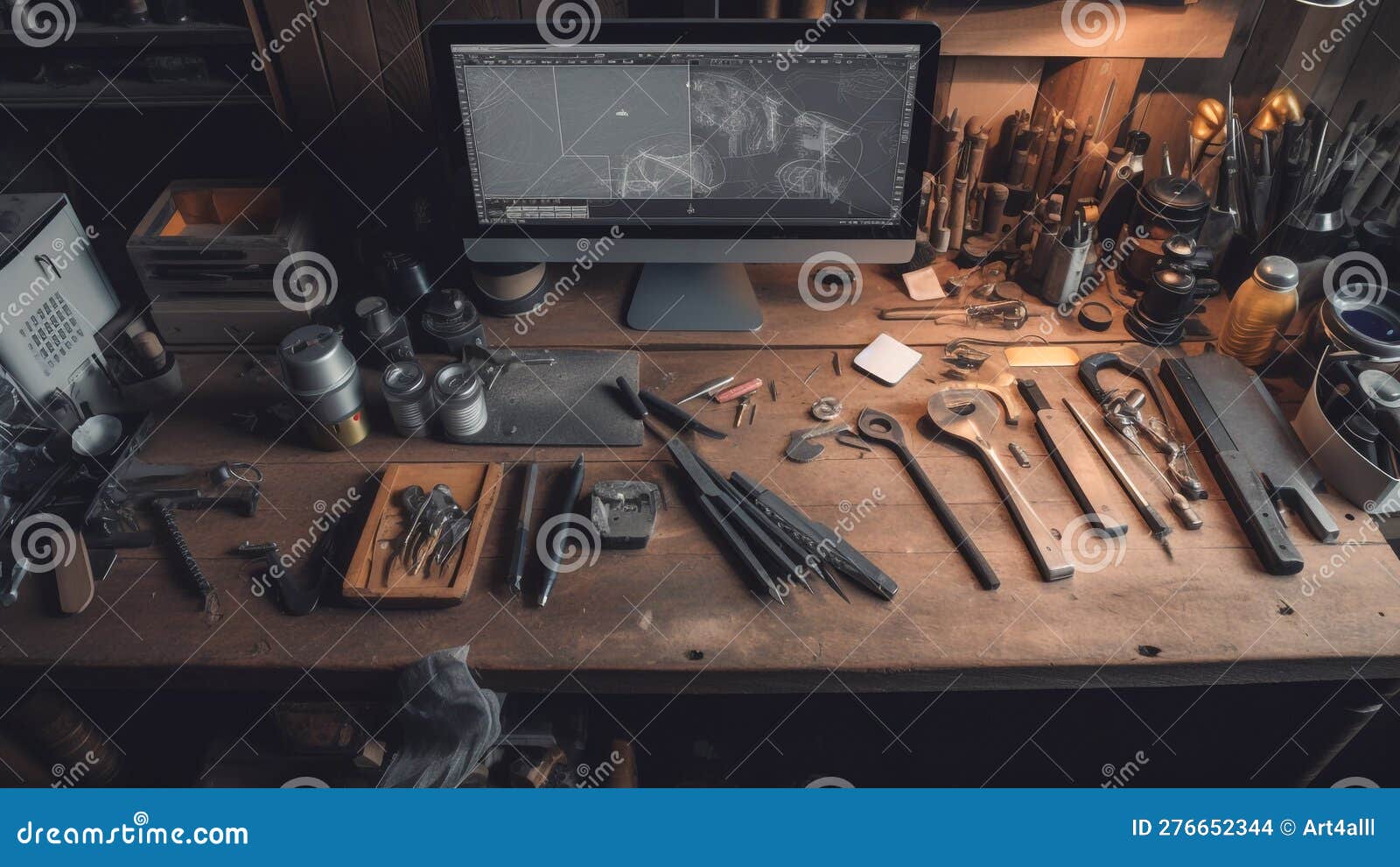 A Desk with a Computer and Tools and Instruments on a Workbench of ...