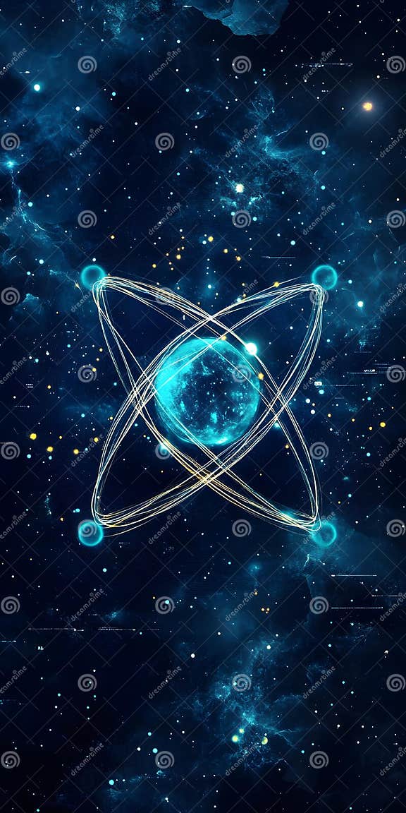 Cosmic Atomic Scene with Glowing Blue Atom Stock Illustration ...
