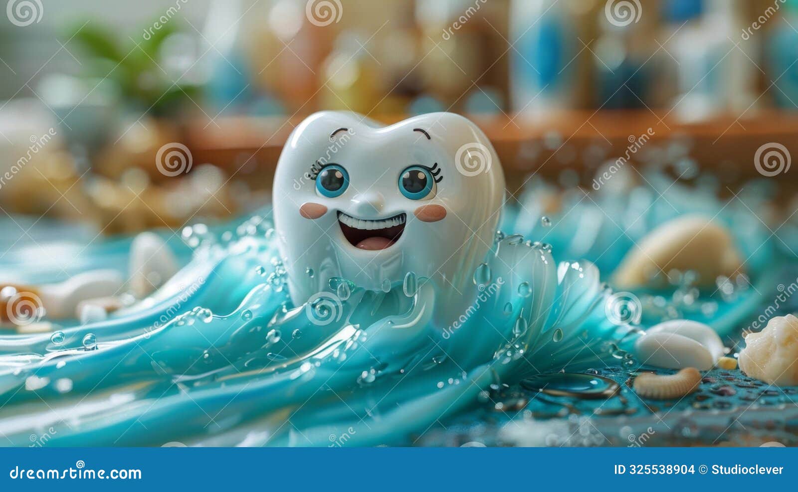 Happy Tooth Character with Blue Toothpaste Waves - Generative AI Stock ...