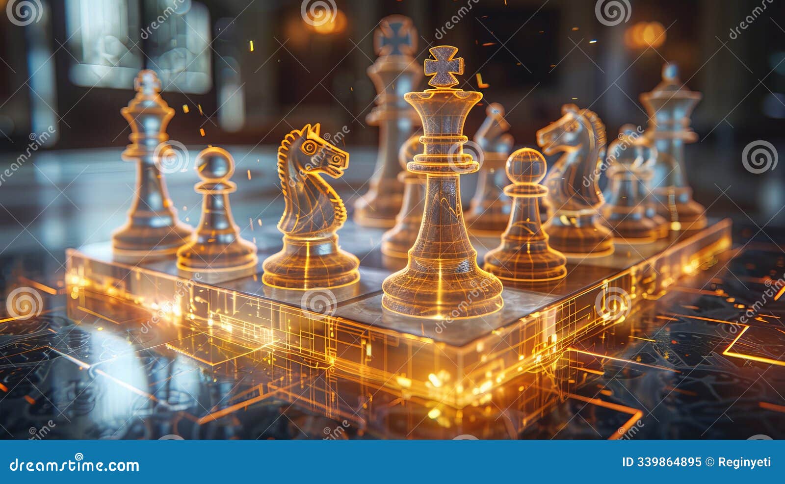 The Image Features Chess Pieces Designed As Holographic Objects on a ...