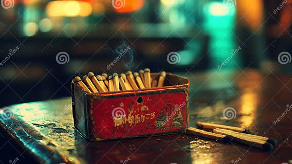 A Vintage Matchbox Sits on a Wooden Table. the Ambiance is Warm and ...