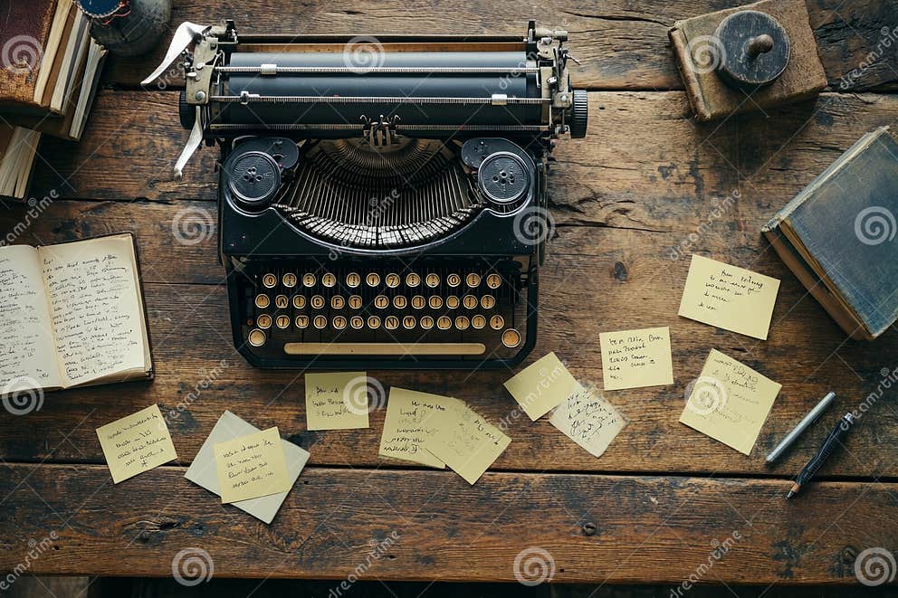 A Vintage Typewriter Sits on a Rustic Wooden Table. Surround it are ...