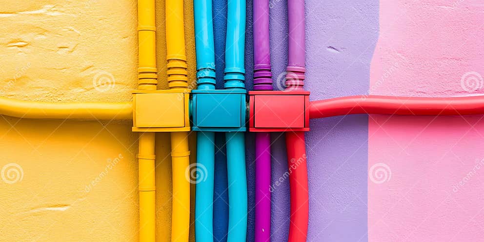 Colorful Pipes and Cables Arrangement Against Textured Background Stock ...