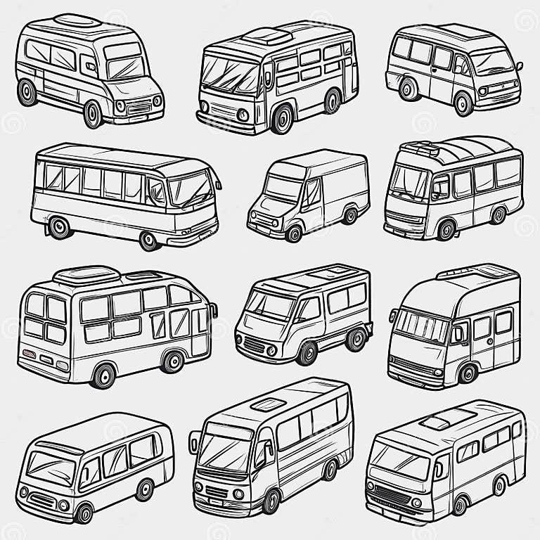 A Collection of Hand-Drawn Sketches Featuring Various Bus and Van ...