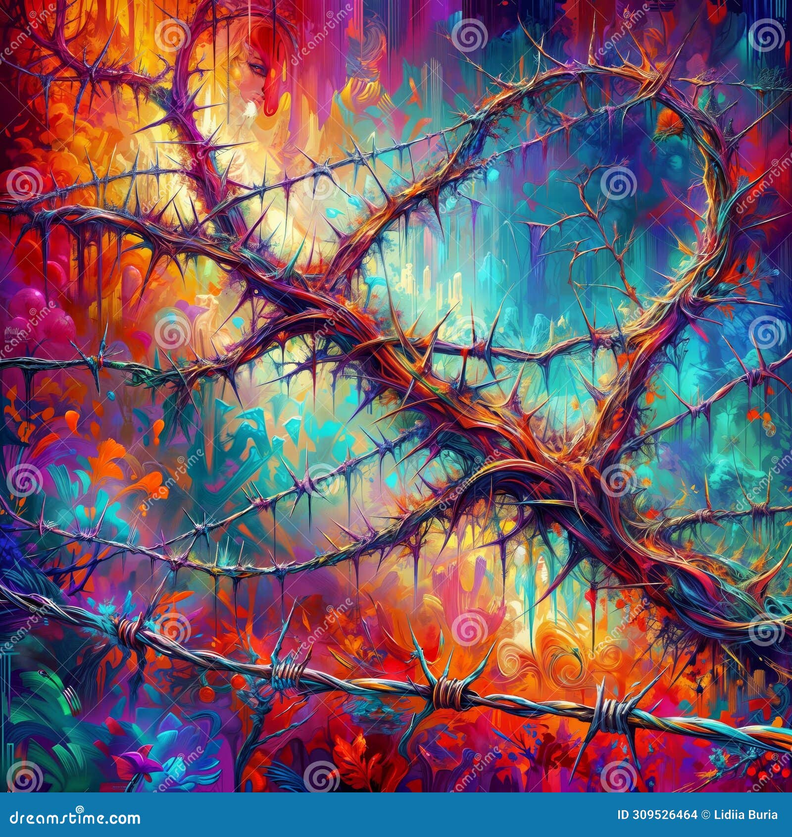Barbed Branches: Colorful Abstract with Twisted Tree Element ...