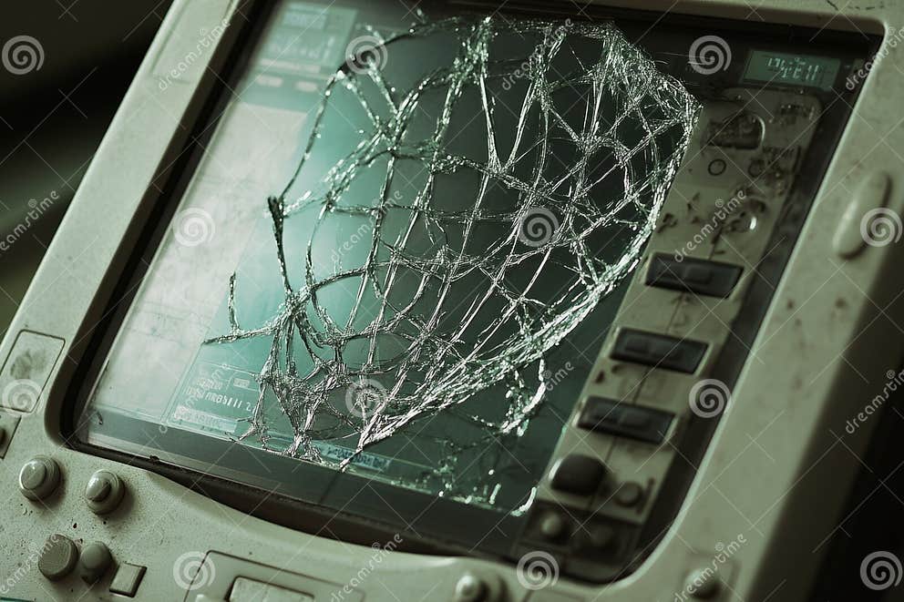 A Broken Monitor with a Cracked Screen Shows Damage and Age. the Image Reflects Abandonment and ...