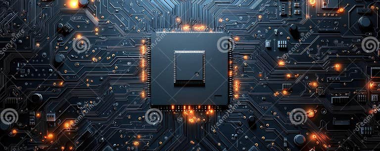Dark Gray Circuit Board with Glowing Orange Lights and Processor Stock ...