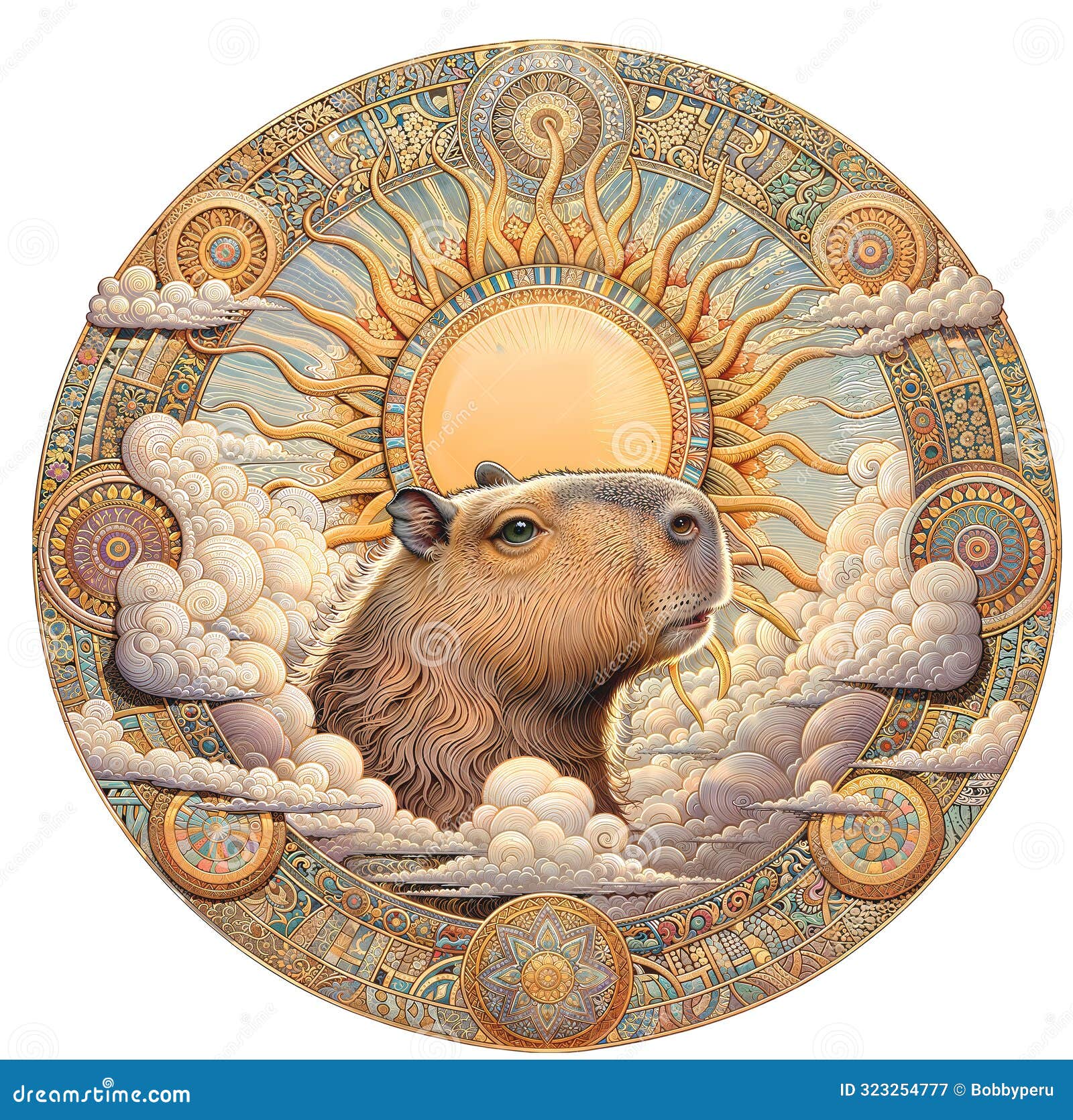 Capybara Mandala with Sun and Clouds Stock Image - Illustration of ...