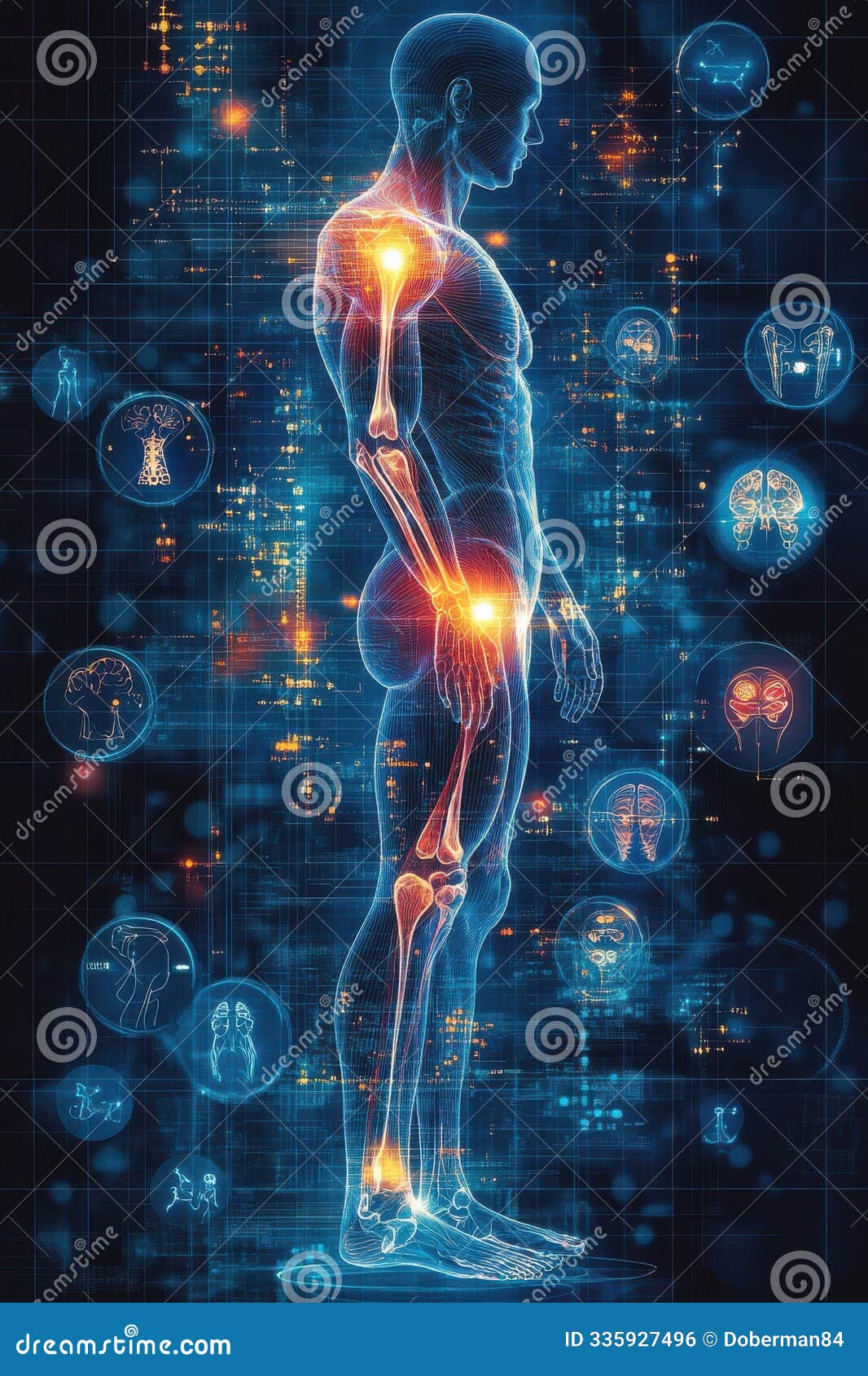 Digital Illustration of a Human Figure with Illuminated Skeletal System ...