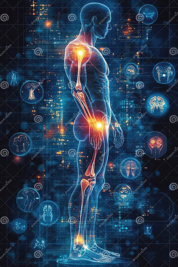 Digital Illustration of a Human Figure with Illuminated Skeletal System ...