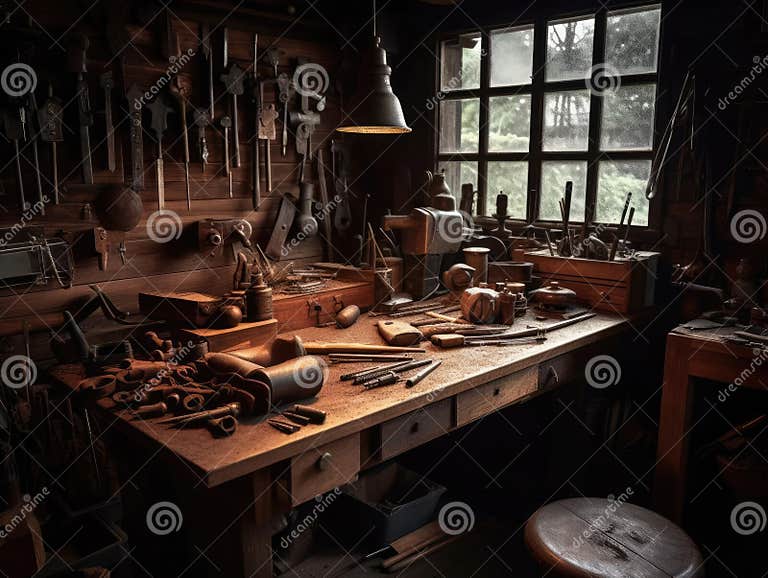 Moody Workshop Displaying Leather Craftsmans Tools Stock Illustration - Illustration of handmade ...