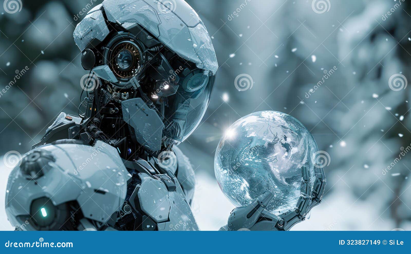 Futuristic AI Robot Contemplating Environmental Impacts with Frosty ...