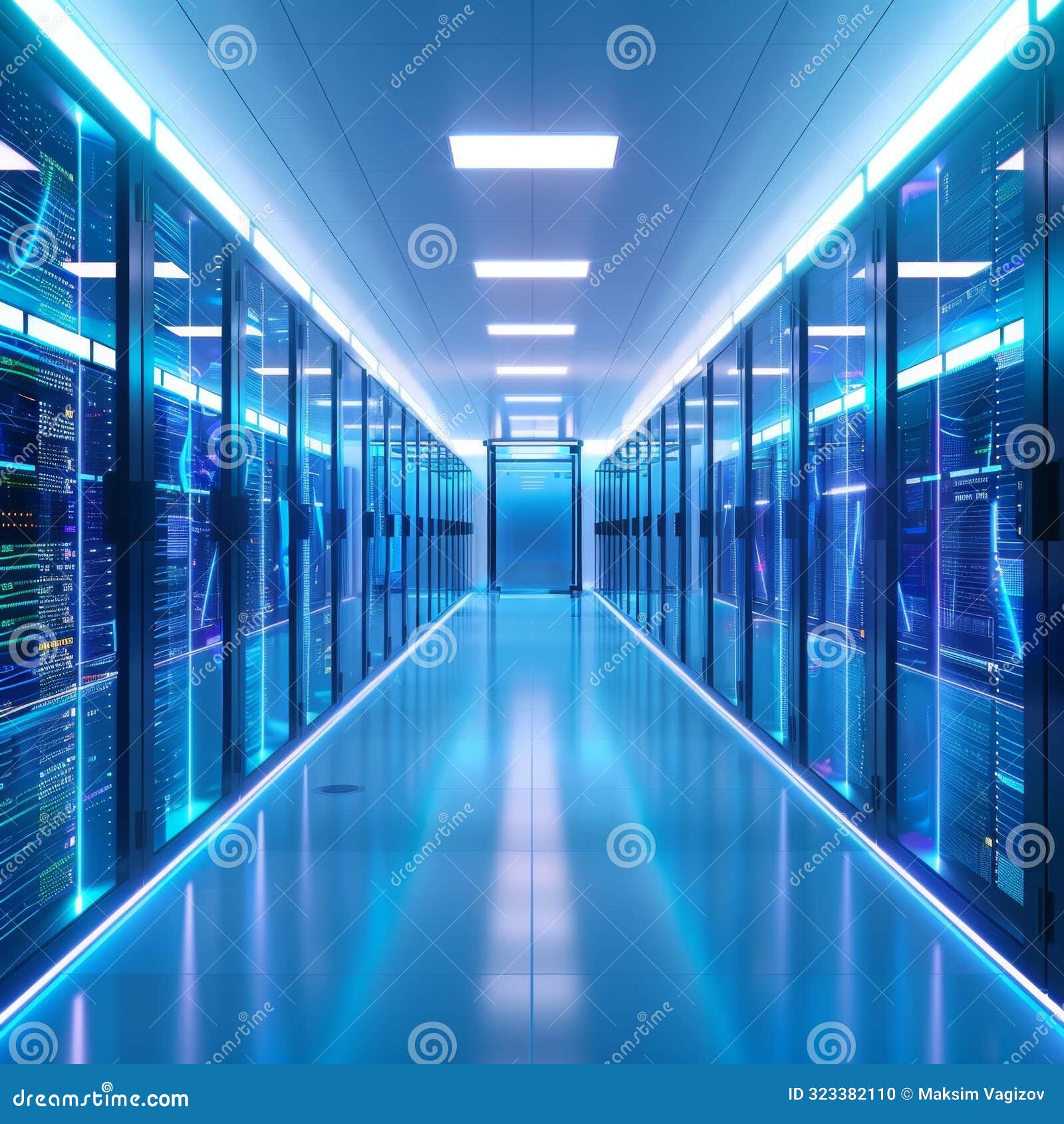 Futuristic Data Center Corridor with Blue Neon Lights, Generative AI Stock Photo - Image of ...
