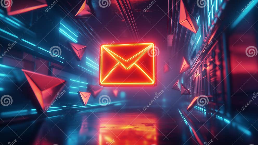 Red Neon Envelope Icon in Tech Hallway Futuristic Communication Concept ...
