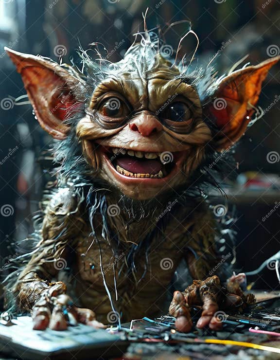 Grinning Goblin-like Creature with Large Eyes and Sharp Teeth at a Desk ...
