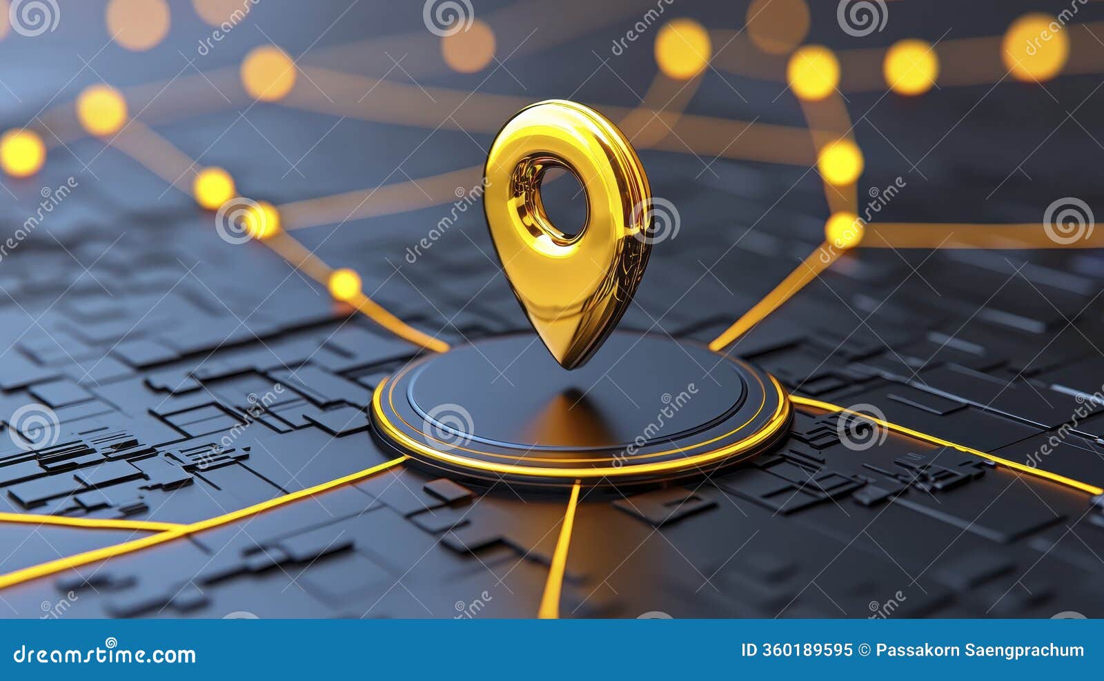 Golden Location Pin Marks Spot On City Map. Detailed Map Shows City ...