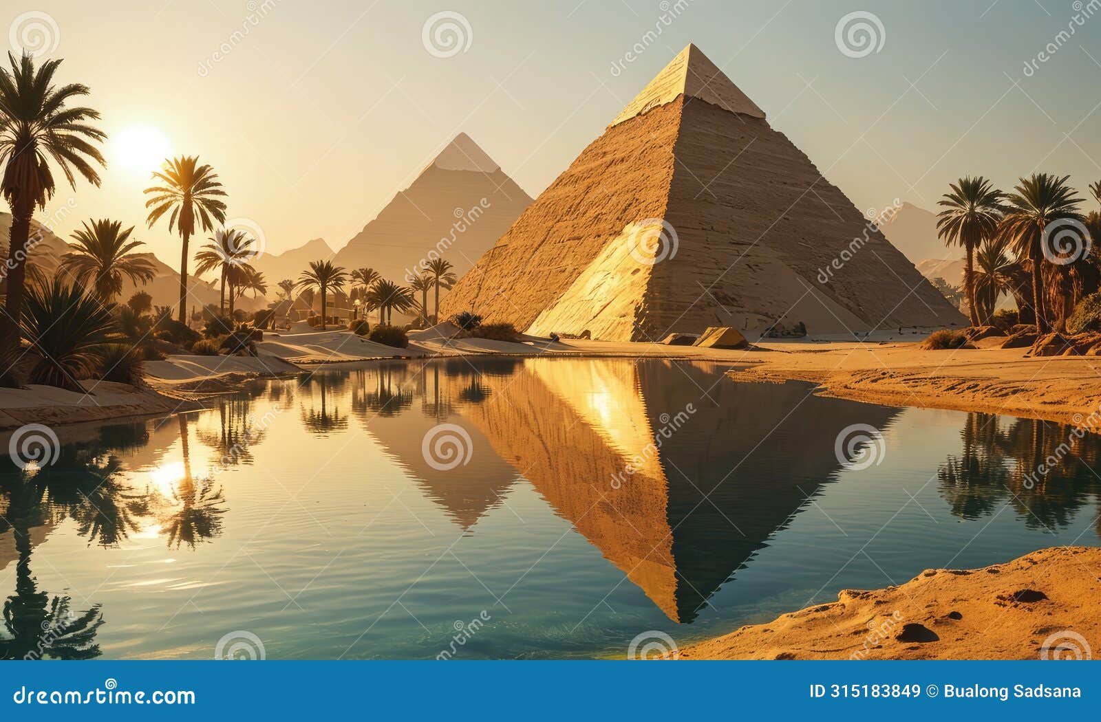 The Image Features the Great Pyramids of Giza in Egypt, with the Sun ...