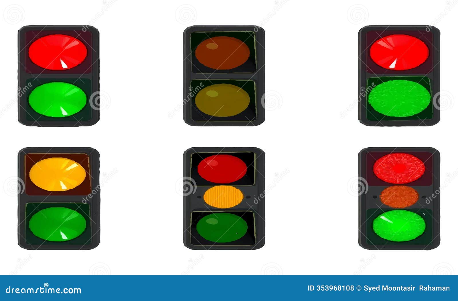 Six Traffic Signals in a Grid Pattern, Each with a Black Rectangular ...