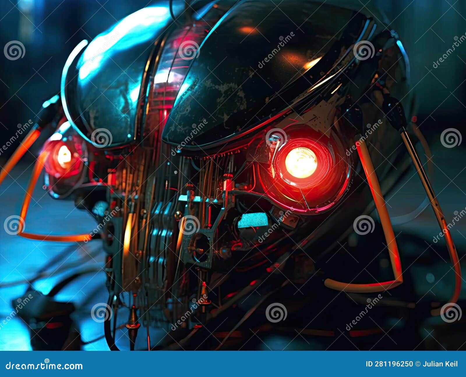 Futuristic Robot Head with Glowing Eyes and Circuitry Stock ...