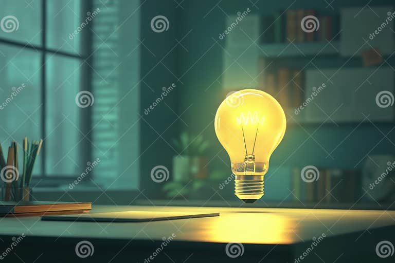 Conceptual Innovation with Illuminated Light Bulb on Desk in Modern ...