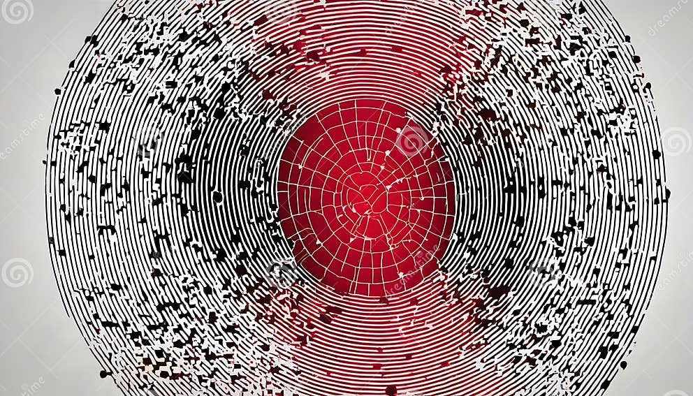 Abstract Concentric Circles with Red Core and Fragmented Black Lines ...
