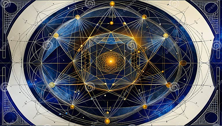 Intricate Geometric Celestial Blueprint in Gold and Blue Stock Photo ...