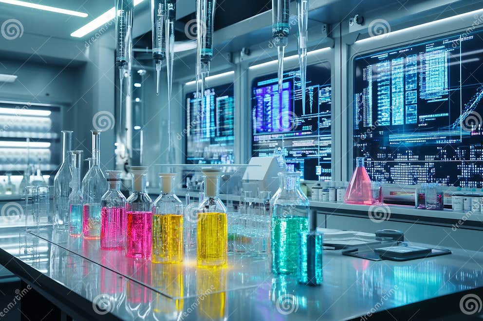 A Vibrant Laboratory Filled with Colorful Glass Flasks and Advanced ...