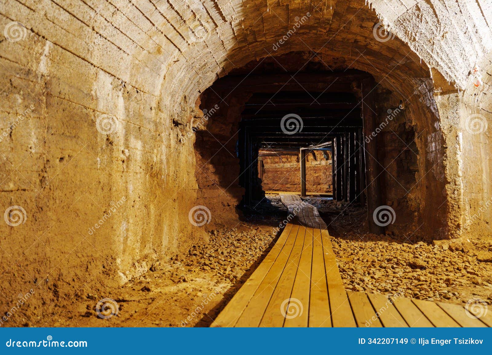 Long Underground Tunnel with Vaulted Stone Ceiling and Dim Light Stock ...