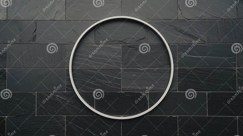Minimalist Silver Circle Frame on Dark Slate Tile Wall in Geometric ...