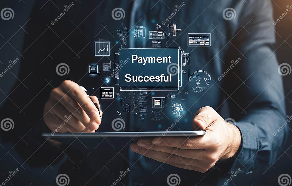 Payment Successful Concept with Tablet and Digital Interface Elements ...