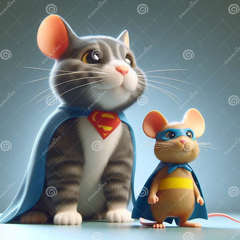 Mouse and Cat As Superheroes , Standing Next To Each Other, Smiling ...