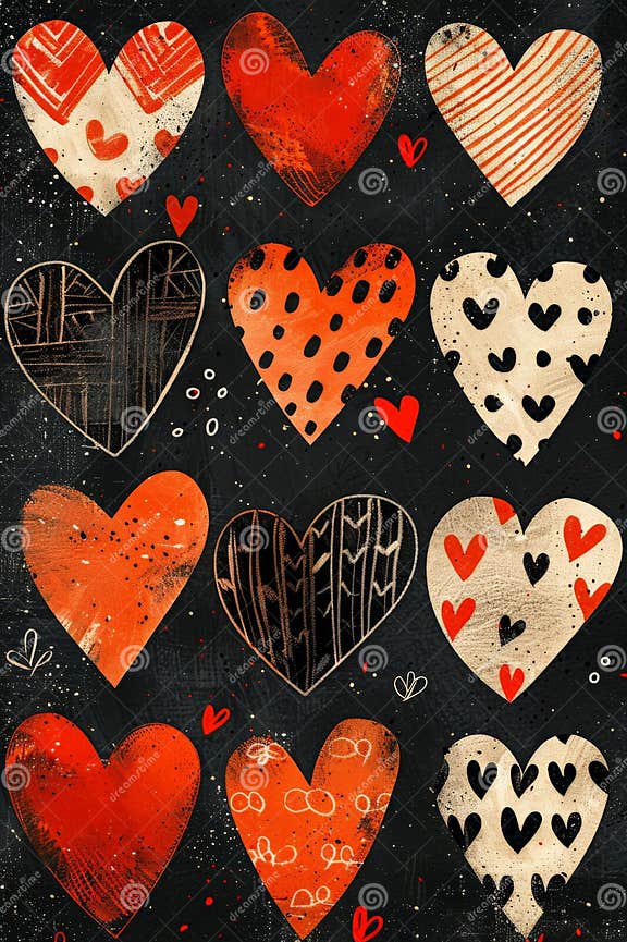 Array of Hearts Painted on Black Background Stock Illustration ...