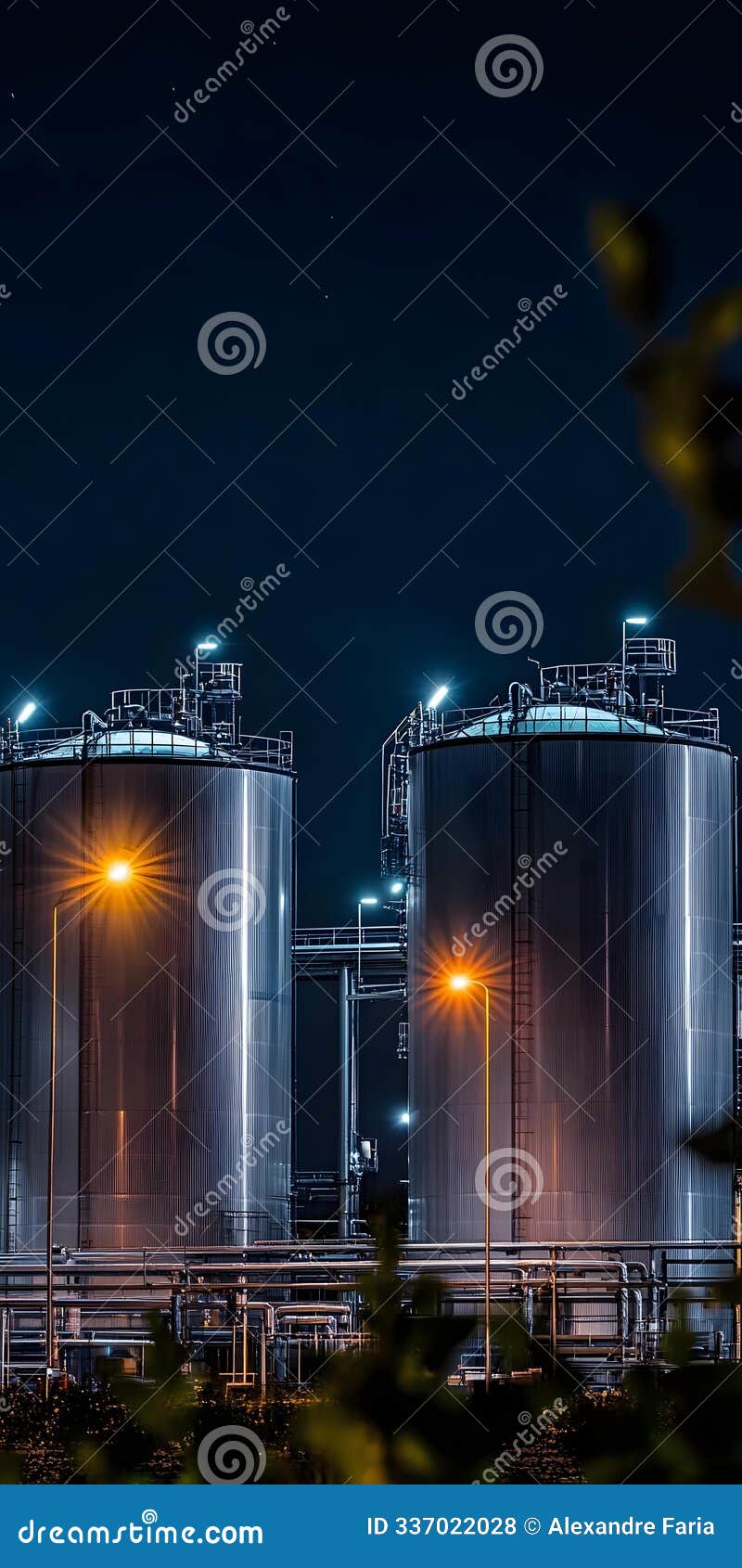 Illuminated Industrial Storage Tanks at Nighttime Stock Illustration ...
