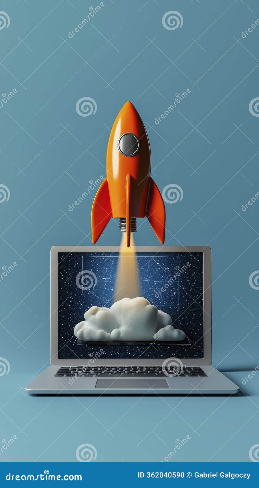 Rocket Launching from Laptop with Cloud Background Stock Illustration ...