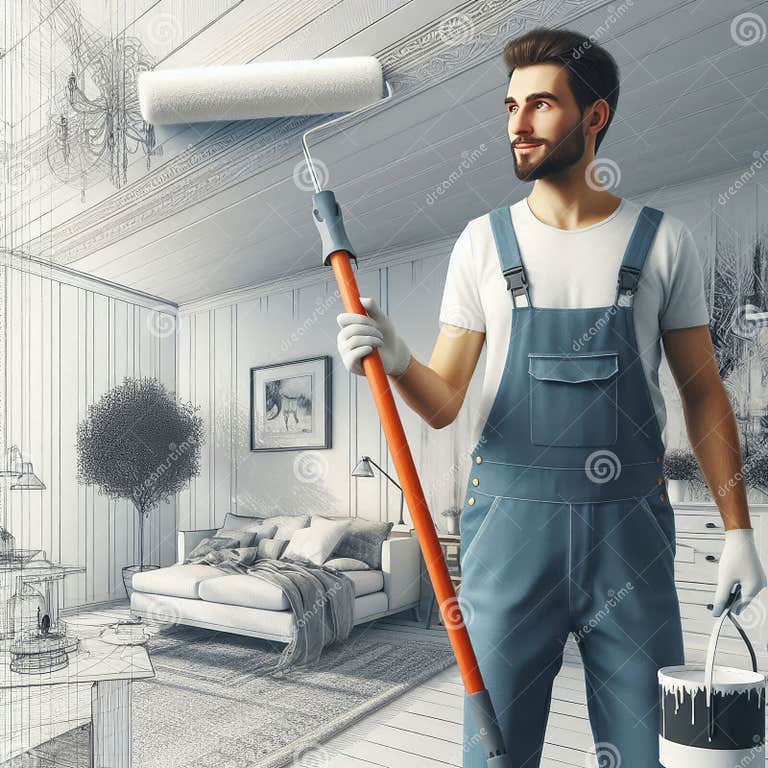 Painter Illustrating the Evolution of a Room Design Stock Image - Image ...
