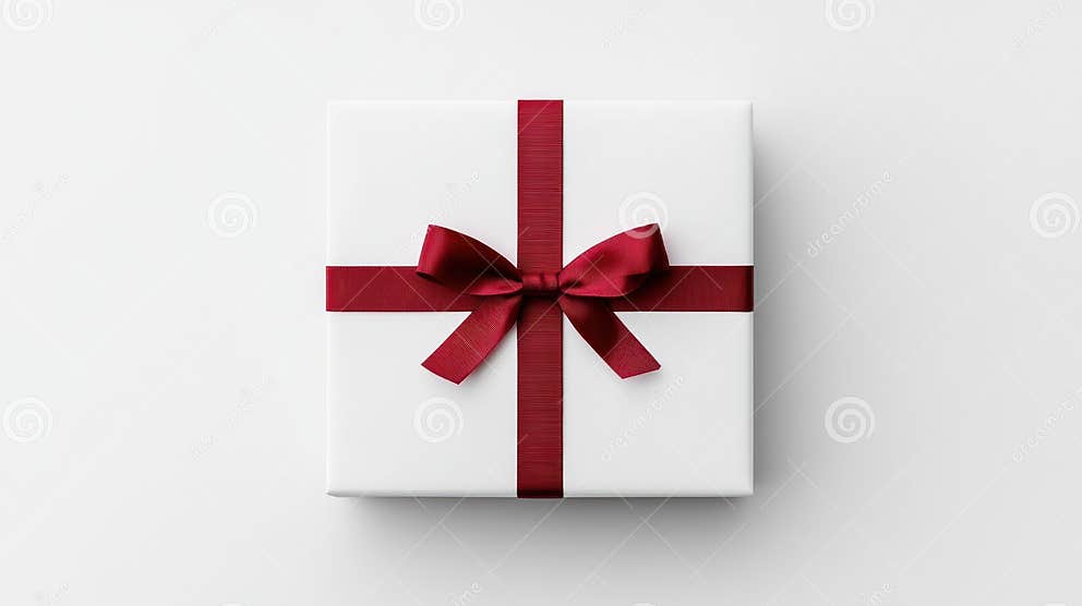 Rectangular Present Box with Red Ribbon and Bow, Top Overhead Close-up ...