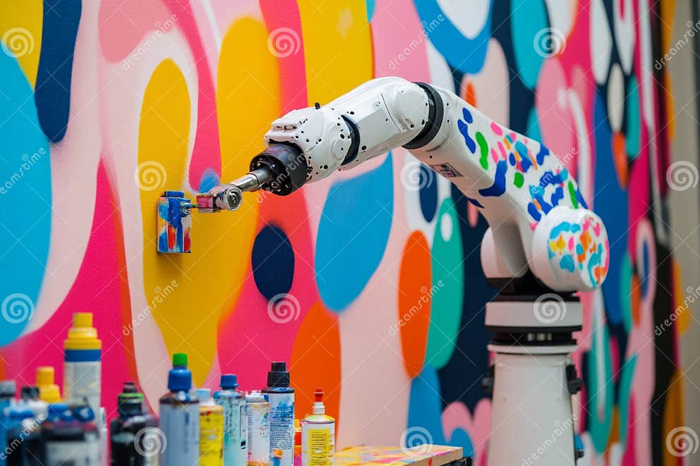 A Colorful Robotic Arm is Painting a Vibrant Mural on a Wall. the ...