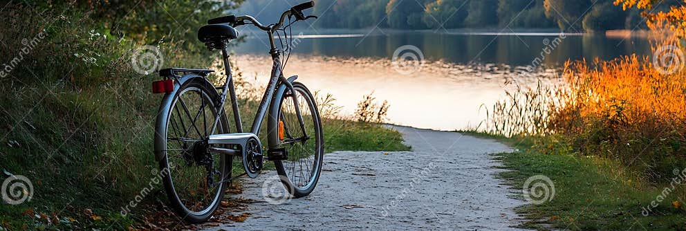 Bicycle by Tranquil Lakeside Path Stock Illustration - Illustration of ...