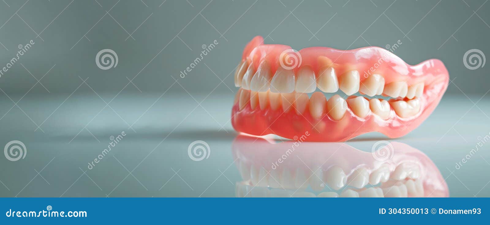 Complete Upper and Lower Artificial Teeth Set in a Side View Reflection ...